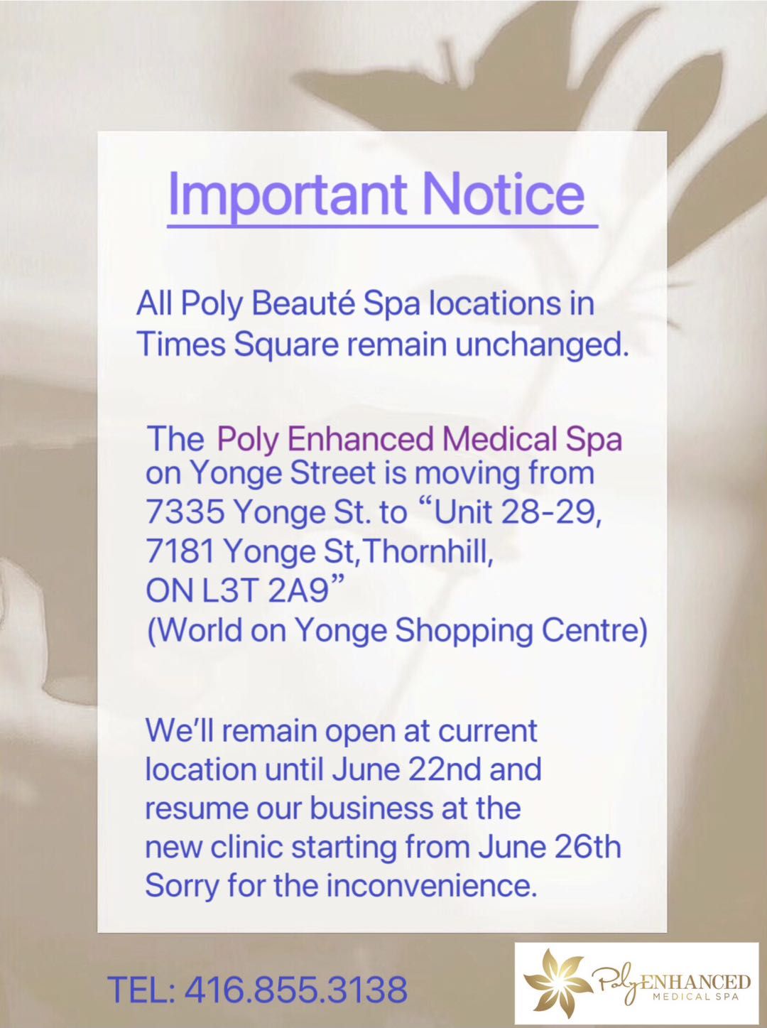 Spa Moving Notice - EnhancedCare Clinic